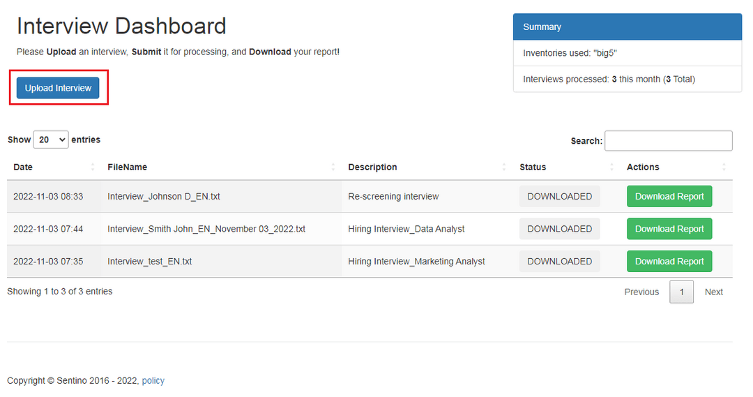 Sentino Interview Dashboard - Sentino Personality API - Psychology NLP