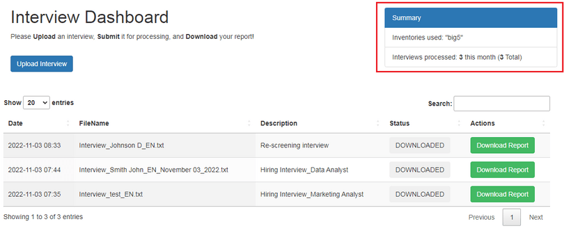 Sentino Interview Dashboard - Sentino Personality API - Psychology NLP